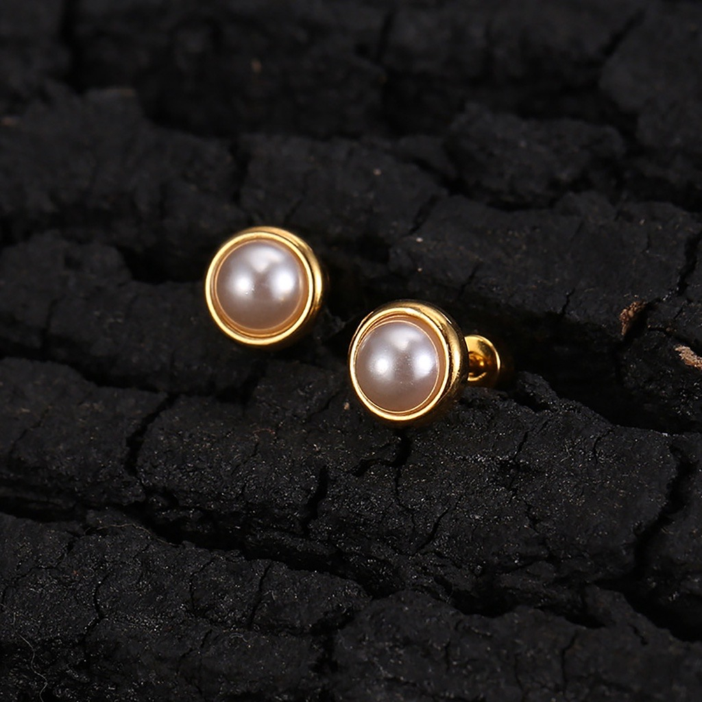 Hemispherical Pearl Stainless Steel Stud Earrings Gold Plating | Shopee ...