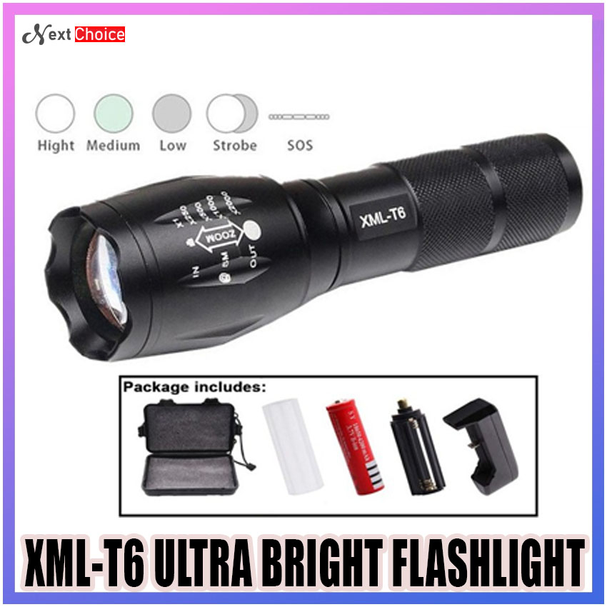 Ultra Bright CREE T6 LED Flashlight 5 Modes Zoomable LED Torch 18650 + Charger XML-T6 (BLACK ...