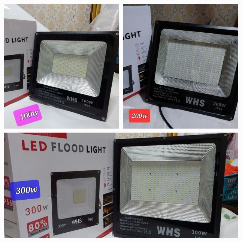 WHS Led Floodlight 220V. Super bright WHITE 100W, 200W, 300W IP66 Waterproof outdoor | Shopee ...