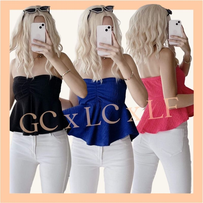 AGATHA Peplum Tube Top Garterized Bark Crepe Fabric | Shopee Philippines