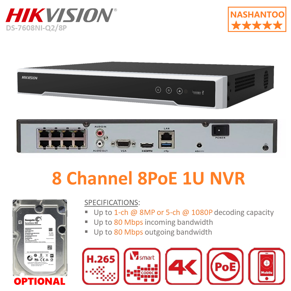 HikVision DS-7608NI-Q2/8P 8Channel 8PoE NVR, 2 SATA Interfaces, 80mbps ...