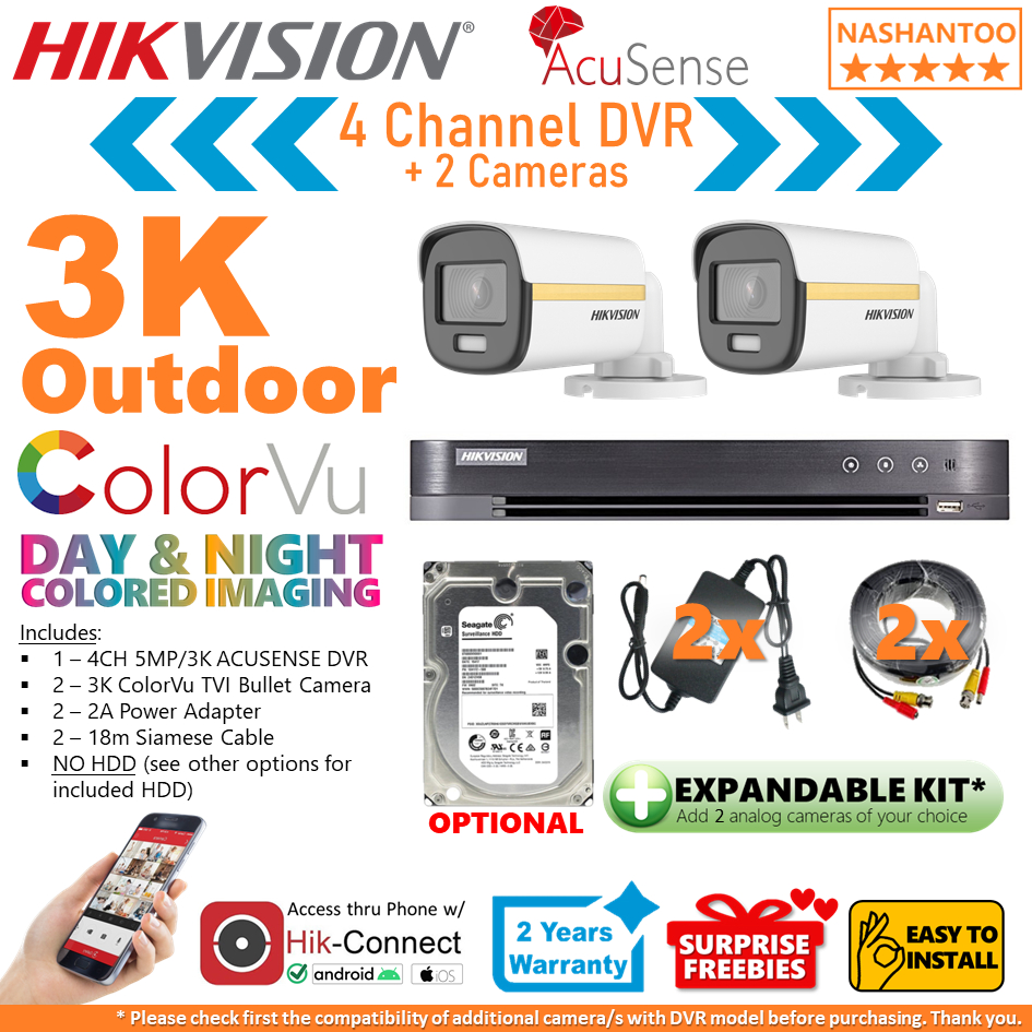 Hikvision 4Ch 3K 2Cameras ColorVu TVI Outdoor 4CH DIY 5MP CCTV Package Kit 4/2CRV6 PA(2B ...