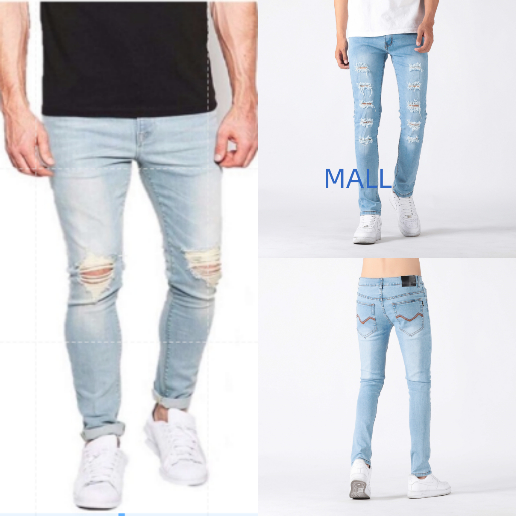 2 style COD men jeans light blue tattered for mens slim pants | Shopee ...