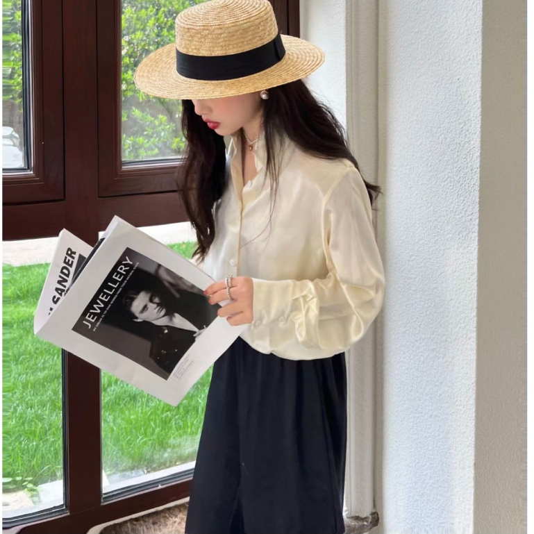 【24H Delivery】Satin polo long sleeve blouse for women loose fashion ...