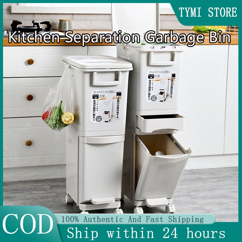 Kitchen Trash Can Separation Garbage Bin with Cover Movable with ...
