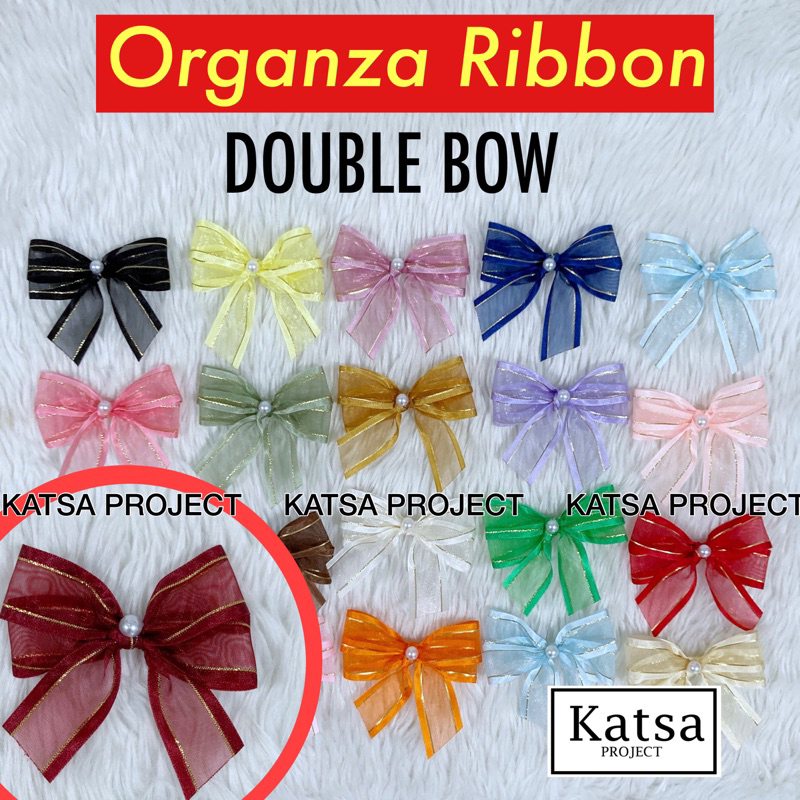 Organza Bowknot (19 Colors) Double Bow ready made ribbons for souvenir wedding birthday ...