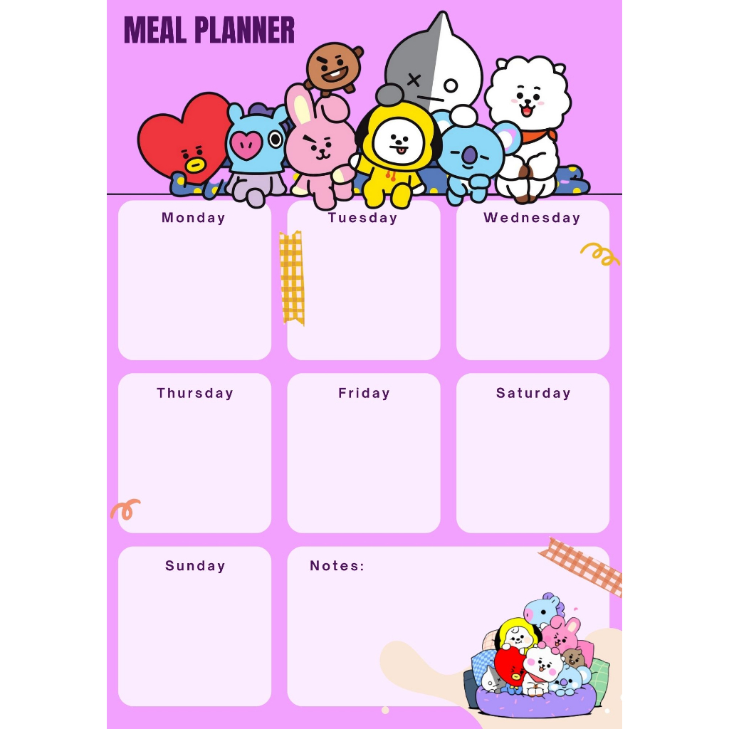 BT21 Weekly meal planner , Magnetic, Erasable 250 mic laminated A4 size ...