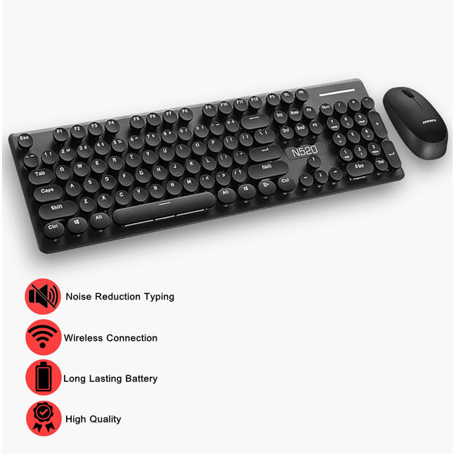 Xinmeng N520 Retro Style Wireless Keyboard and Mouse Set with Round Key ...