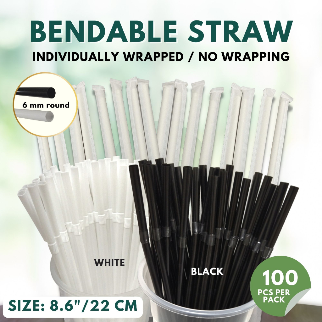 Bendable Straw [100's] BLACK | WHITE | Plastic Straw (Individually ...