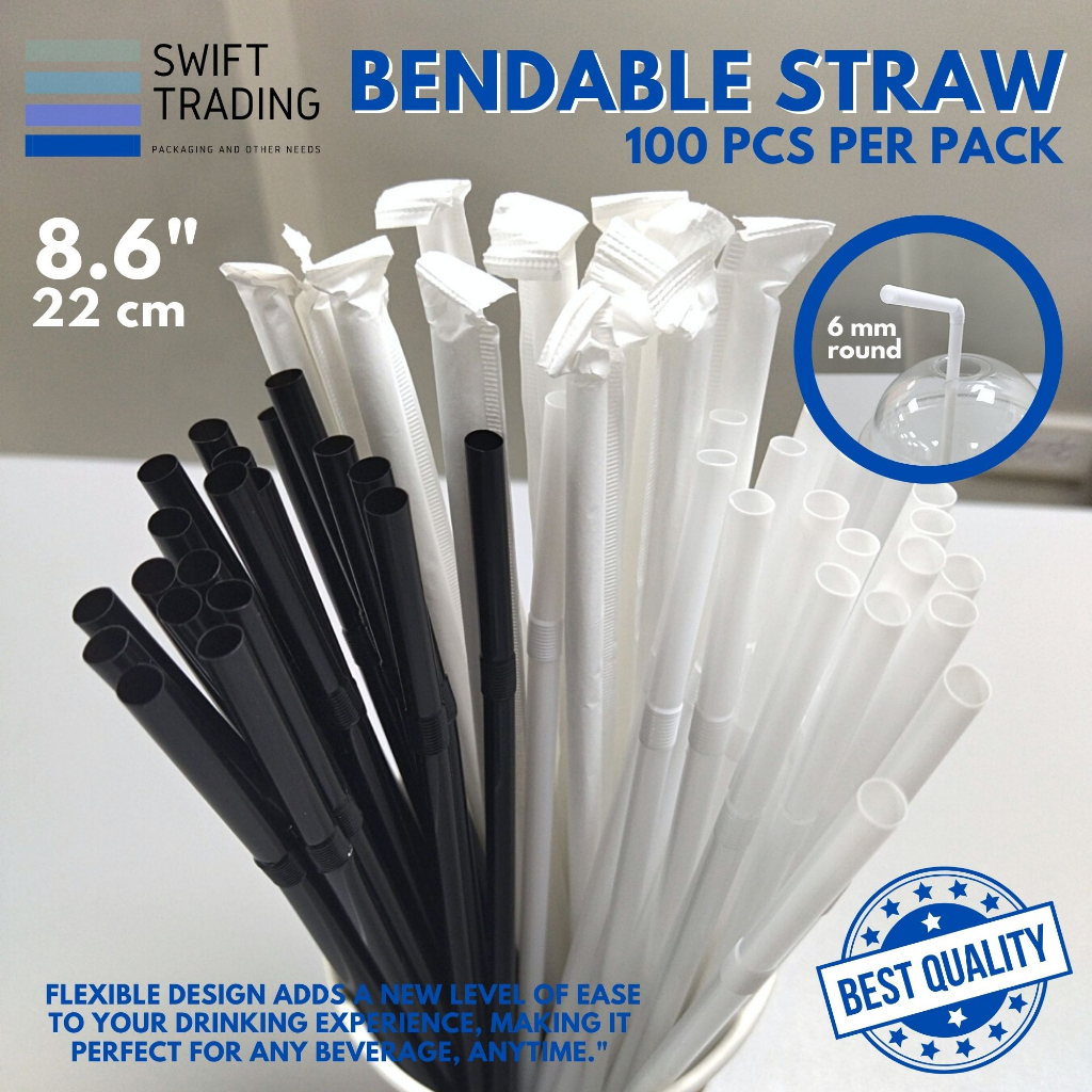 Bendable Straw BLACK | WHITE | (Individually Wrapped / No Wrap) Plastic ...