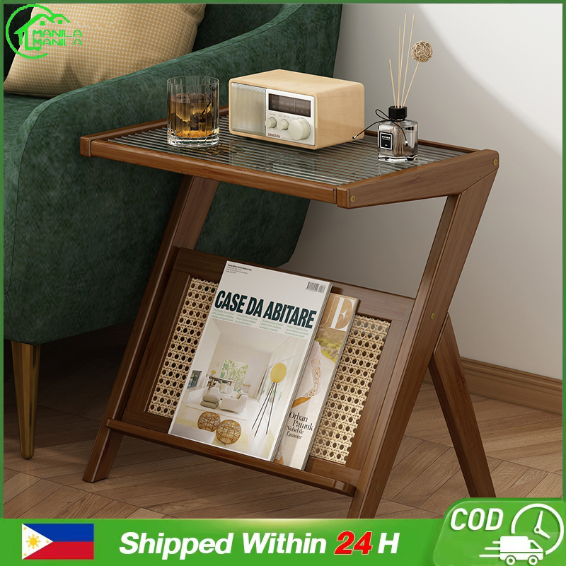 Glass Tea Table Wooden Bamboo Movable Table Side Table Beside Sofa ...