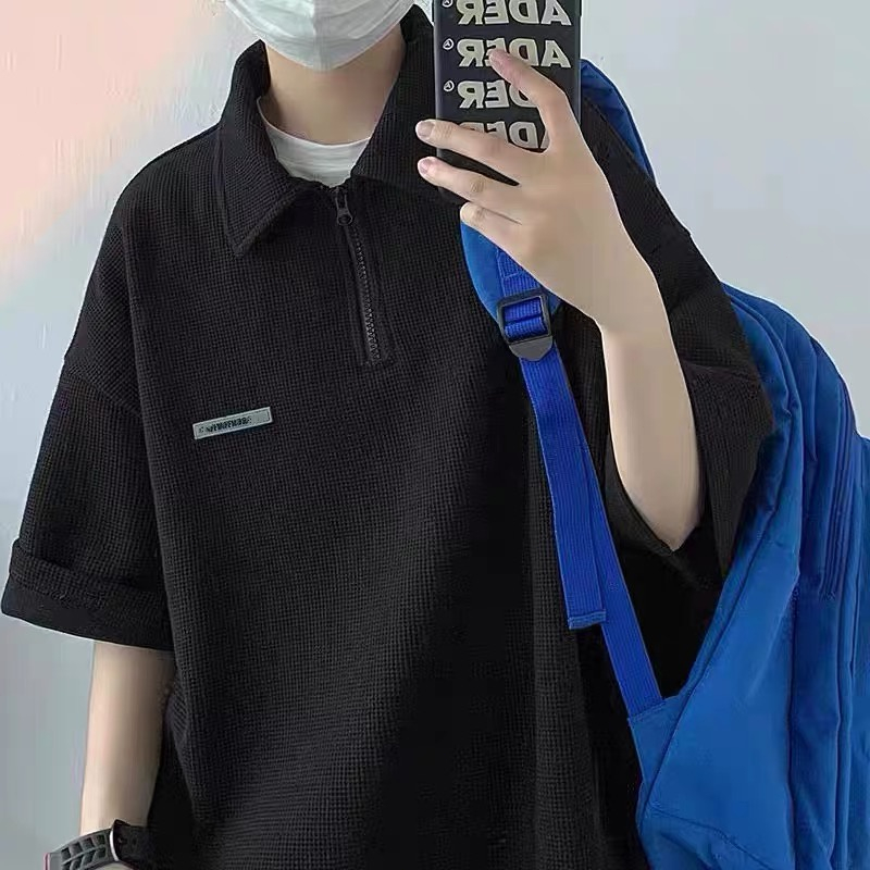 Korean Polo Shirt for Men Oversized Half Zipped Waffle Label aesthetic ...