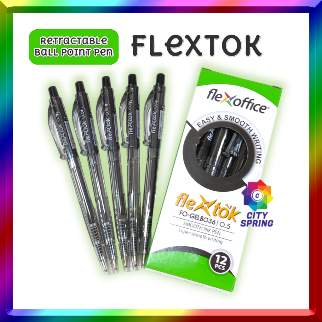 Flex Tok 12pcs Retractable Pen Black 0.5mm Flexoffice FlexTok Ballpen ...