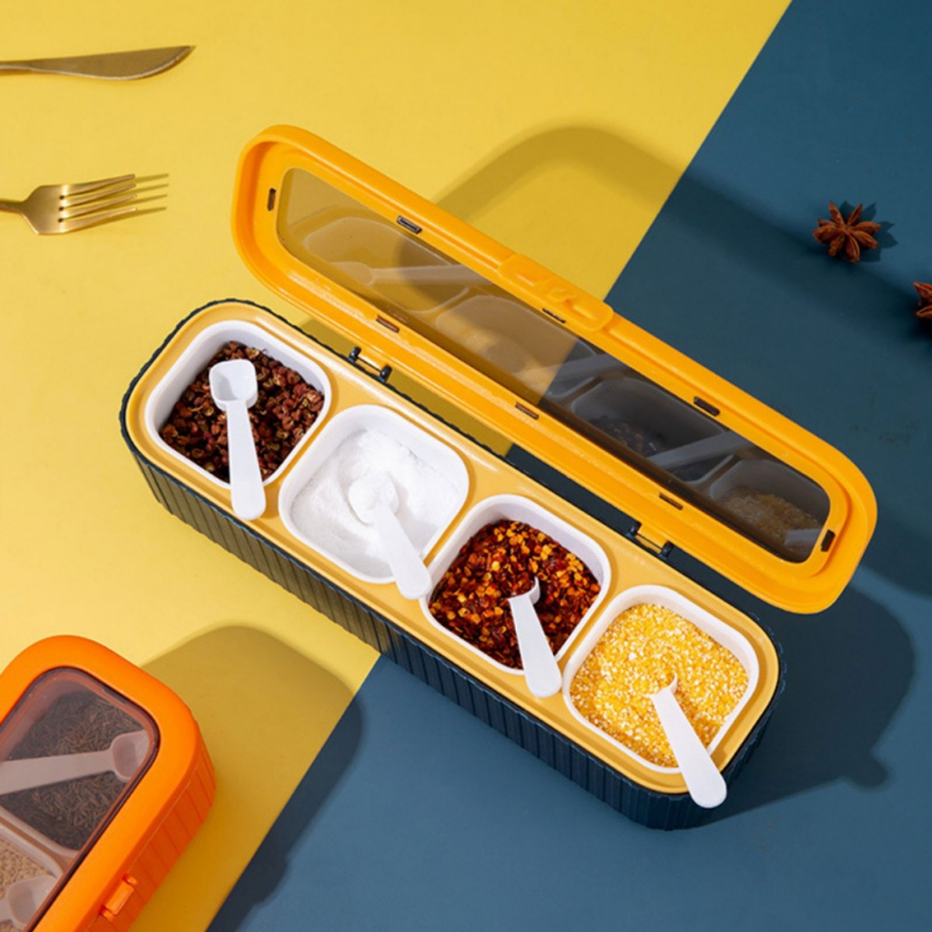 Multi-functional 4 Grids Seasoning Box with Spoon Condiment Organizer ...