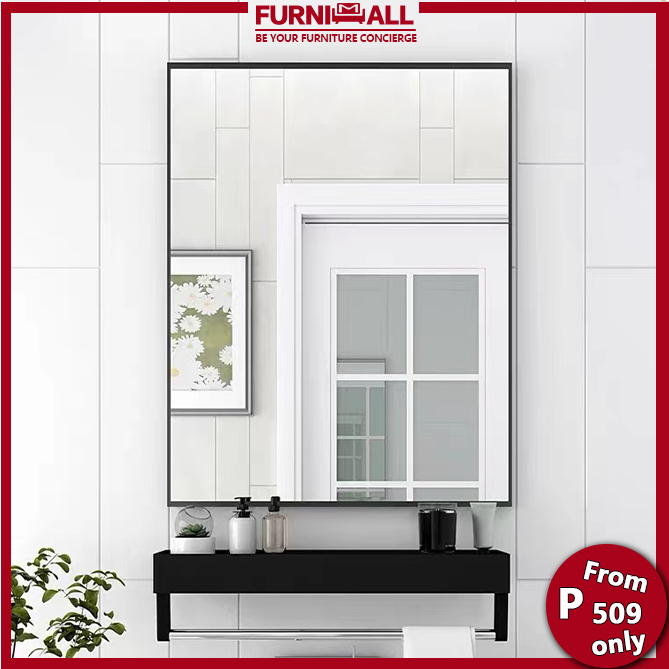 Makeup wall mounted mirror bathroom square mirror with storage rack no ...