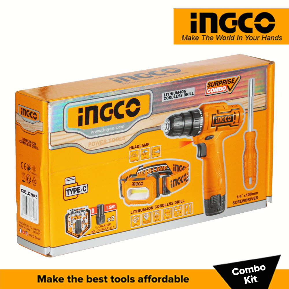 Ingco Cordless Drill Head Lamp Screwdriver Combo Kit Cosli23042 ICPT ...