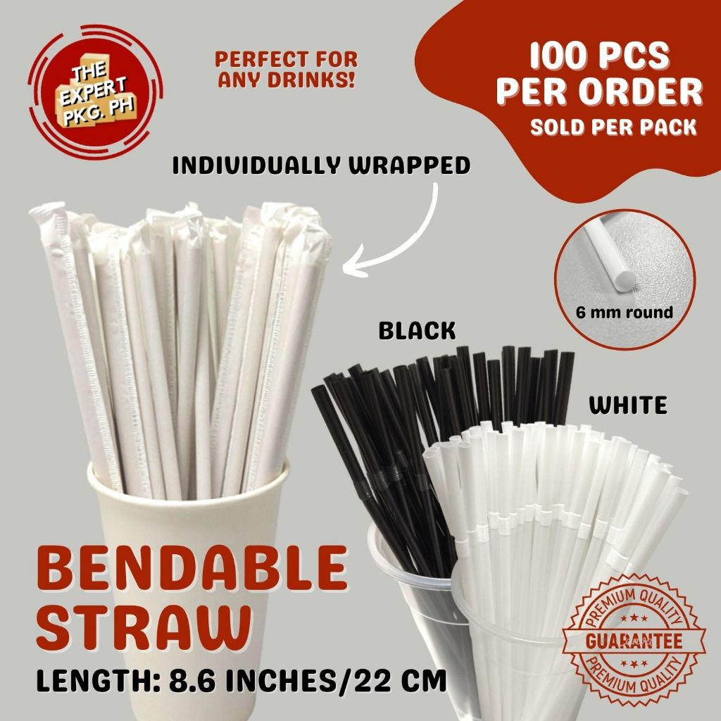 [100's] Bendable Straw BLACK | WHITE | Plastic Straw (Individually ...