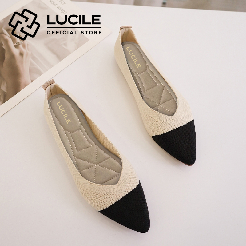 Lucile W11 Two Tone Knitted Pointed Toe Flat Ballet Breathable Women ...