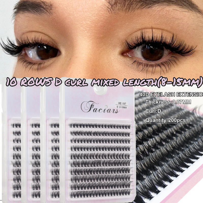 10 Rows(200PCS) DIY Eyelash Extension 10D 20D 30D 40D D curl DIY 8-15mm ...