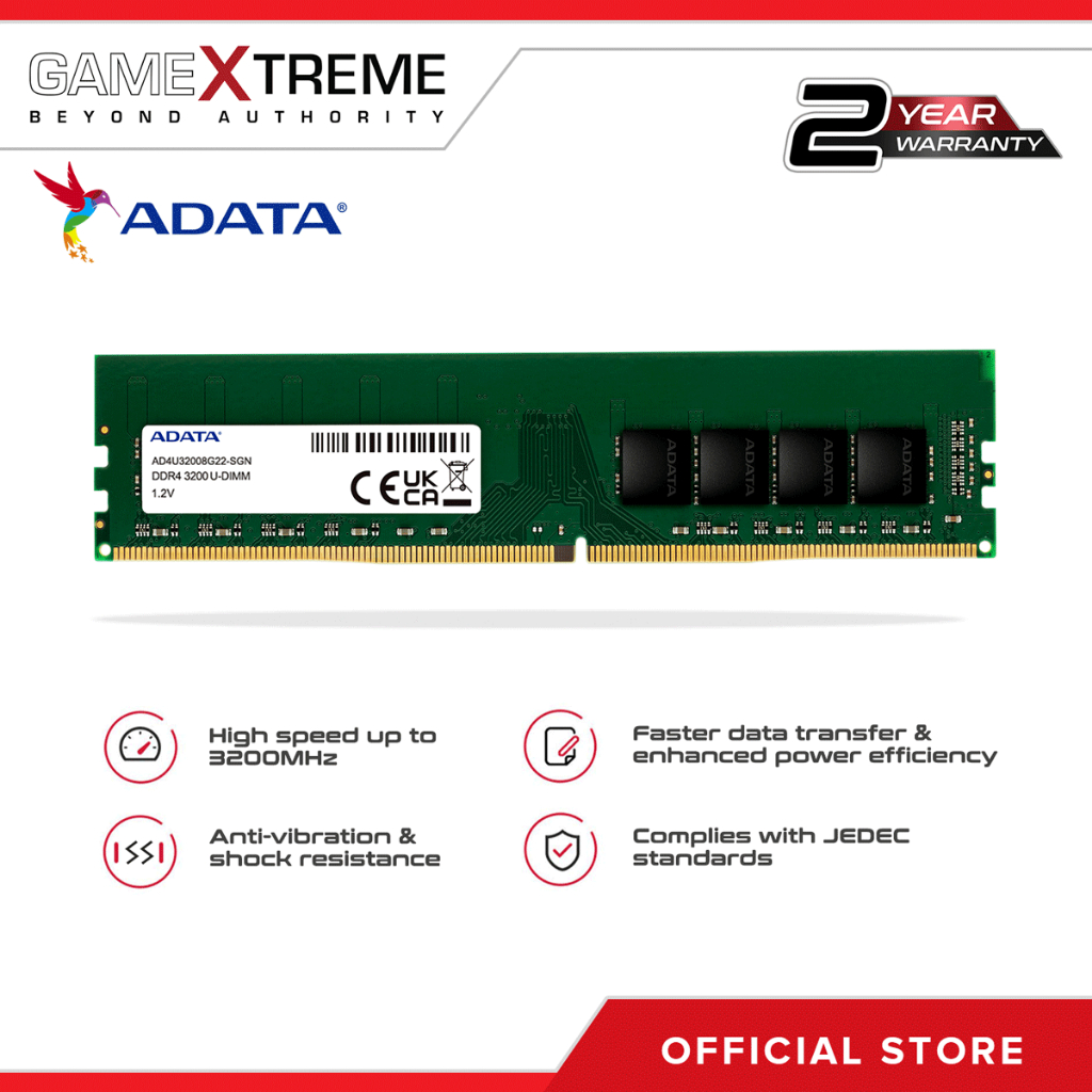 ADATA 8GB DDR4 3200MHZ PC4 25600 U DIMM Memory AD4U32008G22 SGN ...