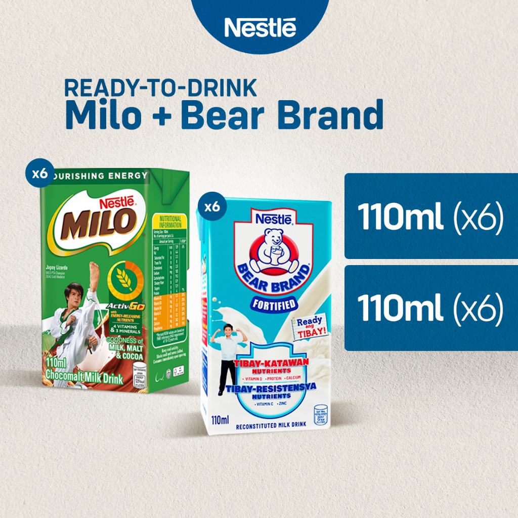 Milo Flavored Milk 110ml - Pack of 6 + Bear Brand Ready-to-Drink 110ml ...