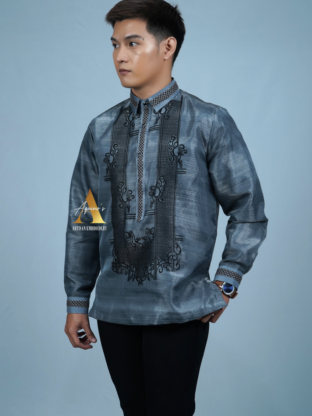AQUINO'S ARTISAN EMBROIDERY Barong Tagalog for Men Piña Black Organza ...