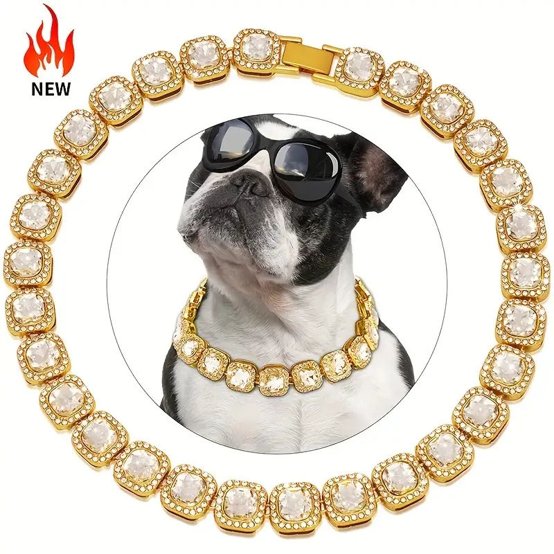 Diamond Gold Dog Collar Cuban Dog Chain Sparkling Crystal Necklace for ...