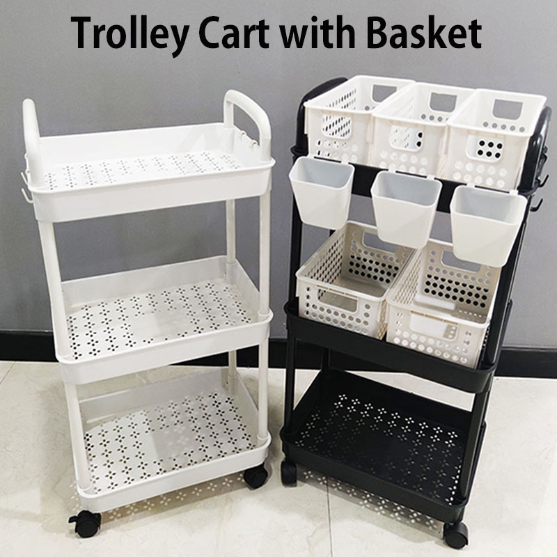 Trolley Shelf Set 3-Tier Utility Cart with 2 Wide Baskets 3 Narrow ...