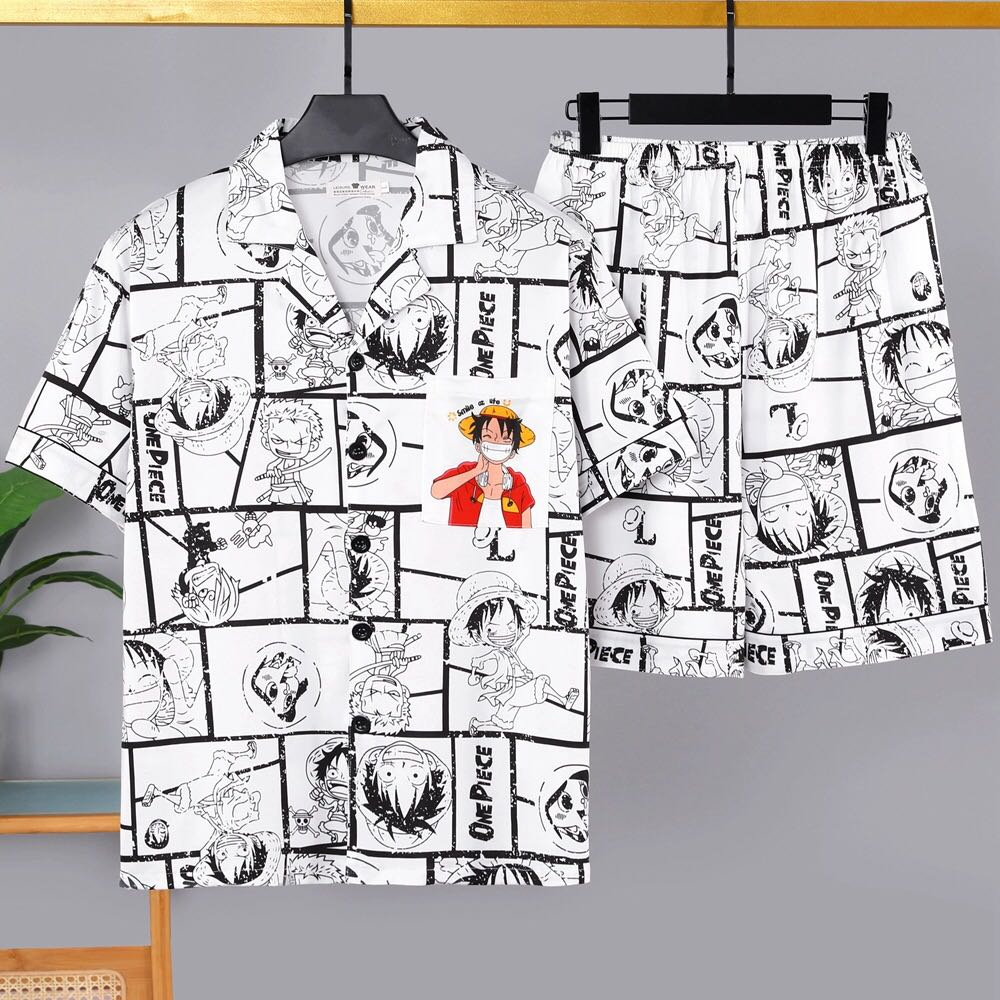 Korean Cotton Plus Size Men Sleepwear One Piece Luffy Print Short Set ...