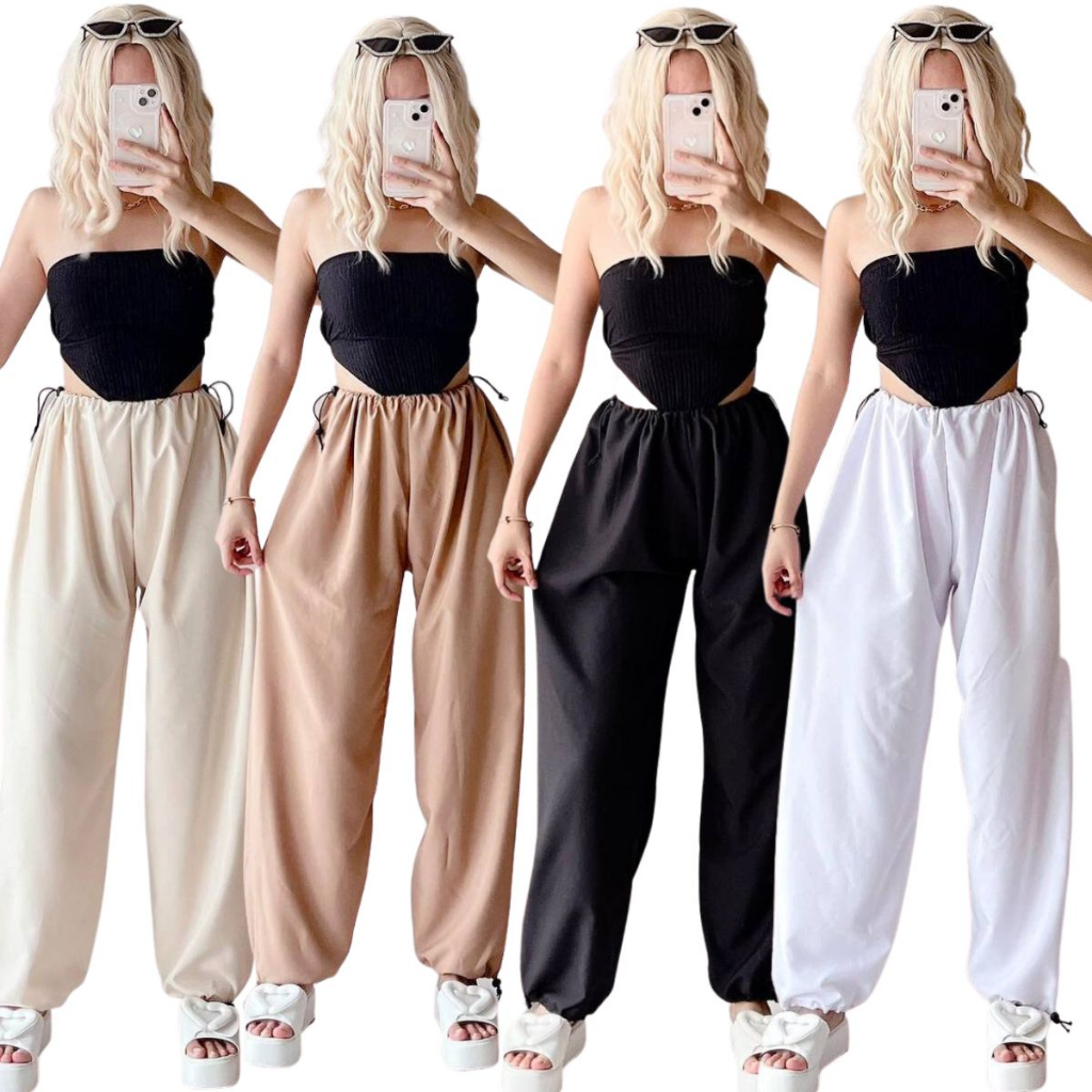 Leseka Streetwear Parachute Adjustable Baggy Jogger Pants Plain Women ...