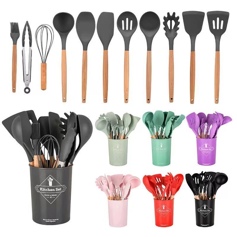 5Pcs/11pcs/12Pcs/19Pcs Set Silicone Kitchen Utensils Wooden Handle ...