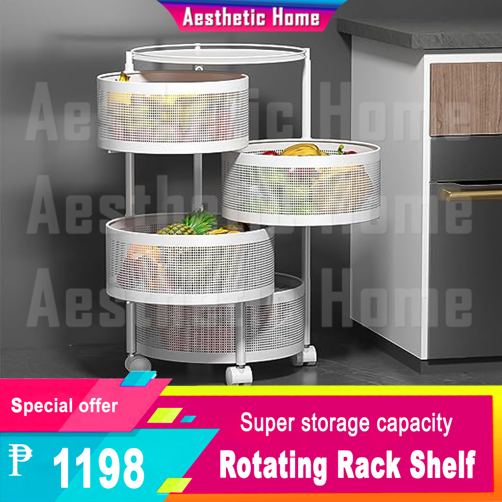 WHITE ROUND Rotatable Kitchen Utility Trolley Cart Shelf Storage Rack ...