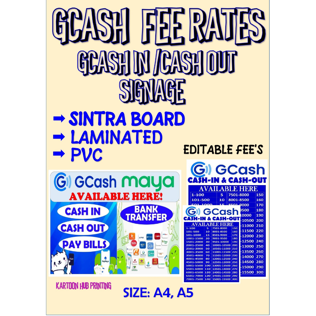 GCASH Cash-in/ Cash Out Fee Rates Signage Waterproof | Shopee Philippines
