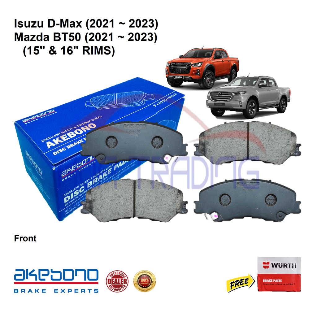 Genuine Akebono Front Brake Pads for Isuzu D-Max (2021~2023), Mazda BT50 (2021~2023) 15" & 16 ...