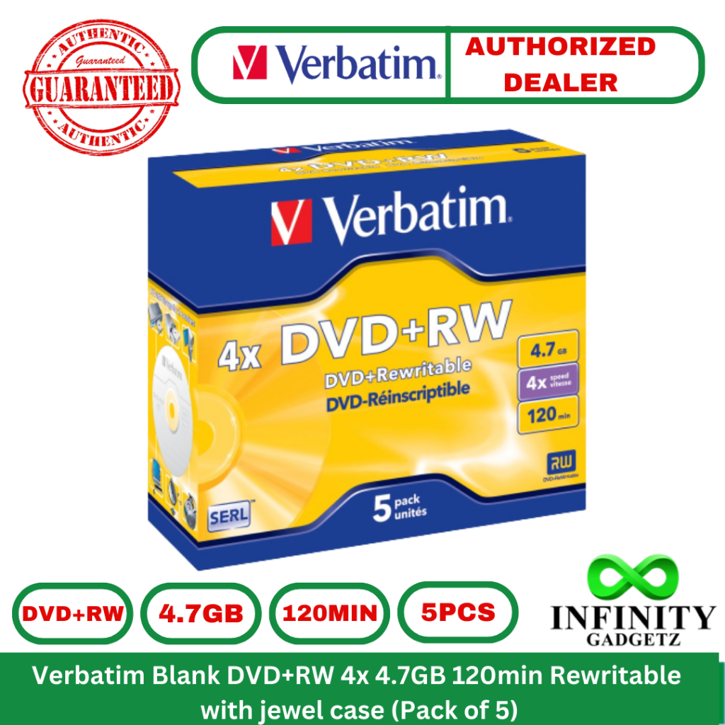 Verbatim Blank DVD+RW 4x 4.7GB 120min Rewritable (Pack of 5) with jewel case 43229 | Shopee ...