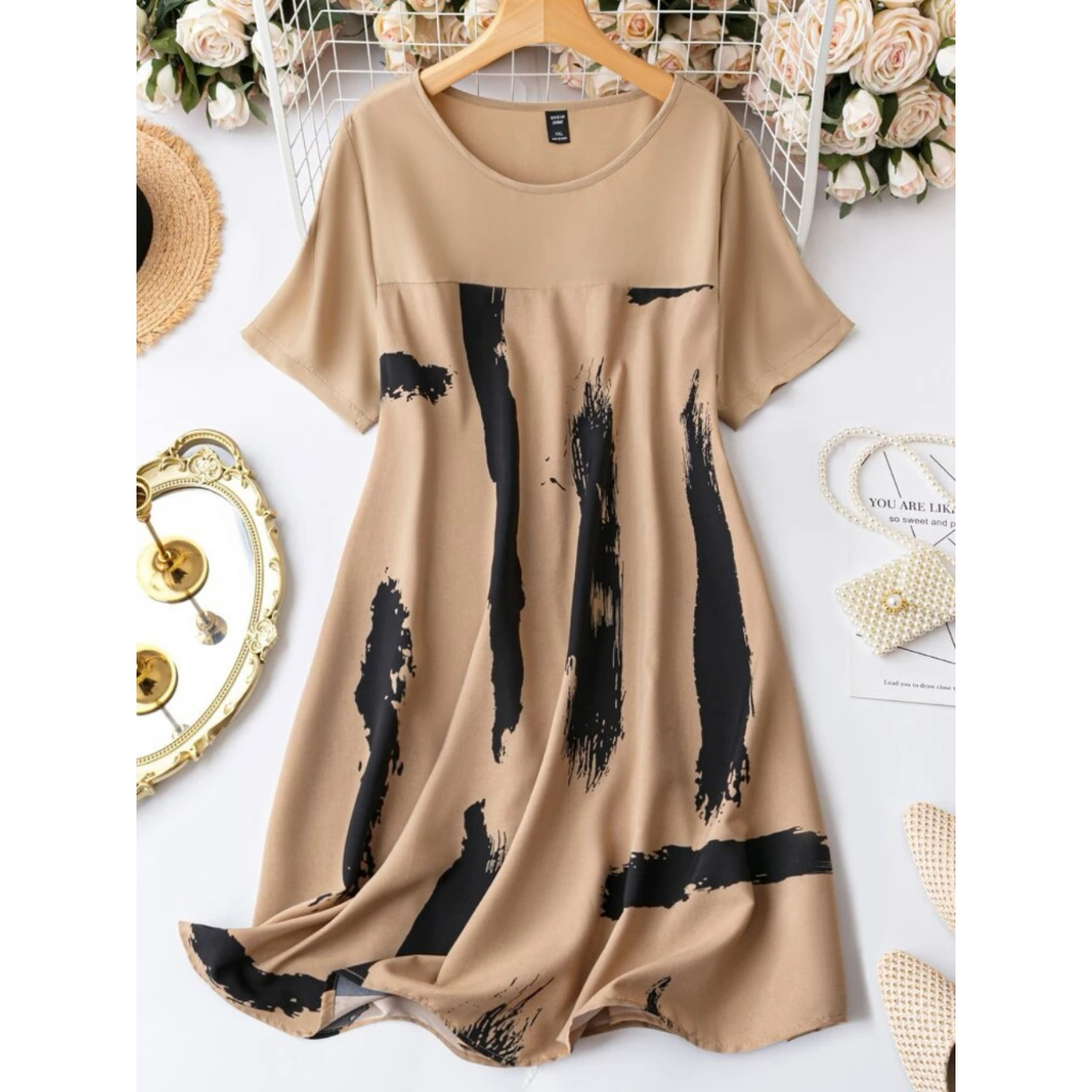 A3210 Miss Muse Splash Print & Solid Combo Plus Size Dress | Shopee ...