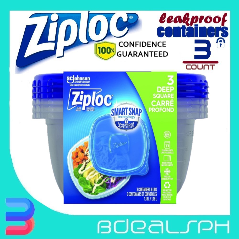 Ziploc 3 Square Food Container With Smart Snap Seal Lid Set (1.18L ...