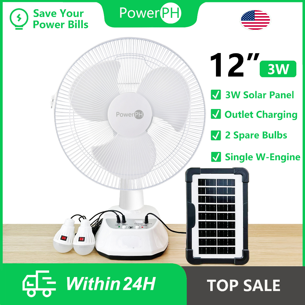 POWERPH 12 14inch Rechargeable Electric Solar Fan With Solar Panel And ...