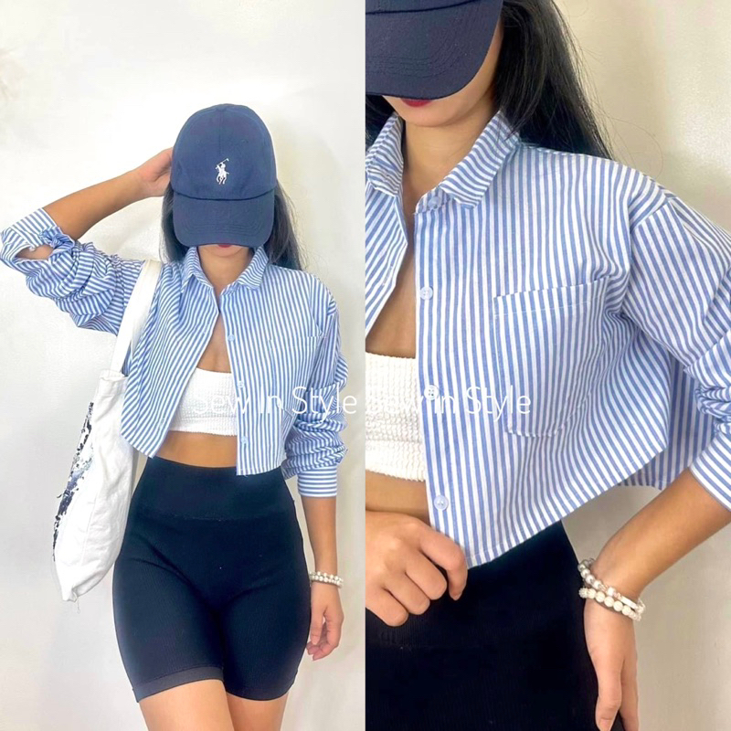 Stripes Linen Polo Long Sleeve Cropped | Shopee Philippines