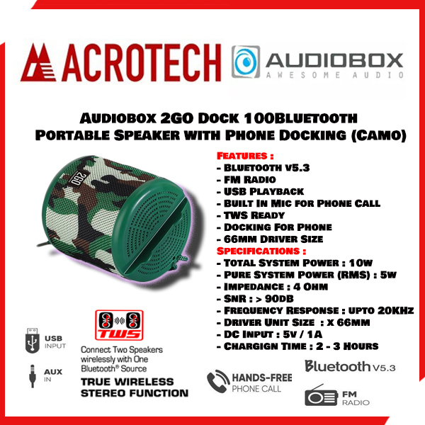 Audiobox 2GO Dock 100 Bluetooth Portable Speaker with Phone Docking ...