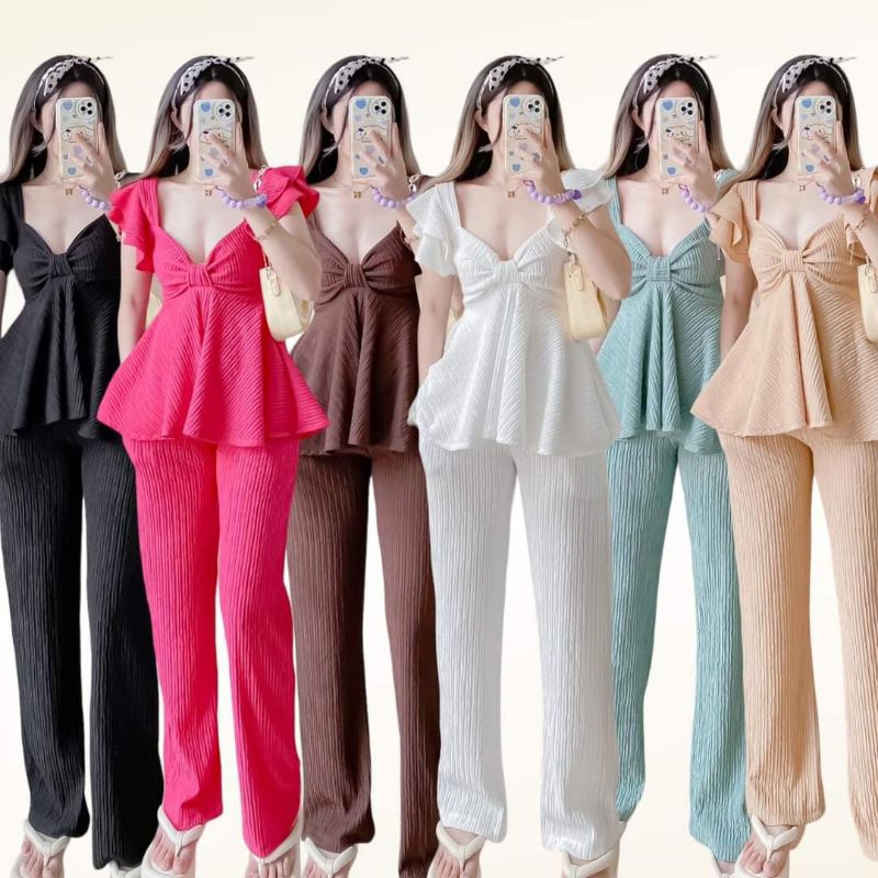 Jessica Plain Bark Crepe Vneck Ruffles Peplum Top Terno High Waist ...