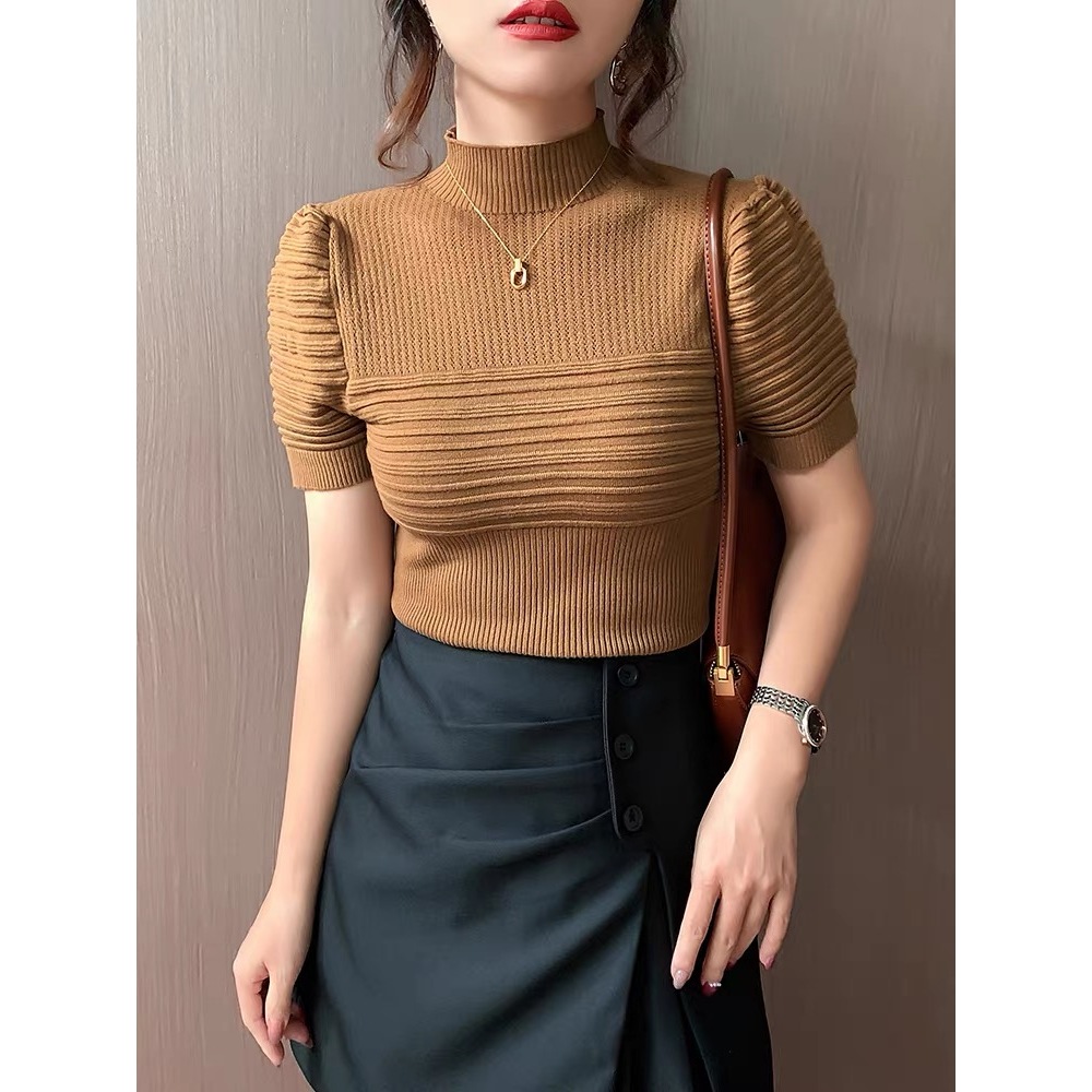 Jolly Chic Turtle Neck Puff Sleeve Embossed Knitted Top M1117 | Shopee ...