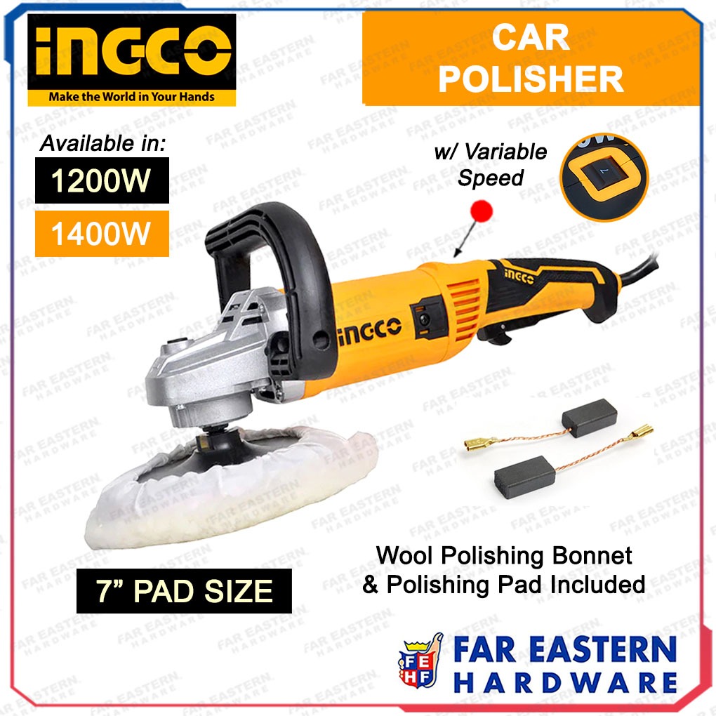 INGCO Angle Car Polisher 7" 1400W w/ Variable Speed, Pad & Bonnet ...