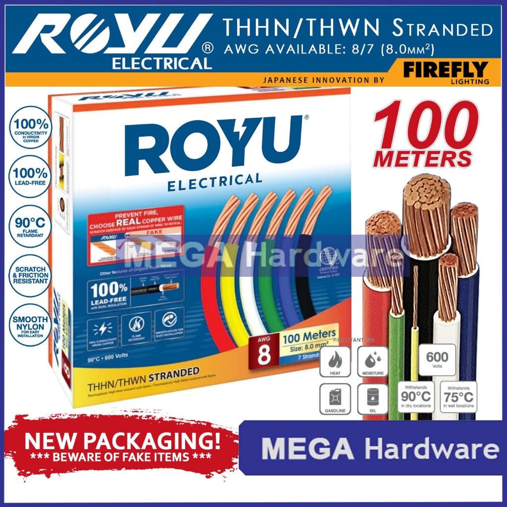 ROYU THHN/THWN-2 7 Stranded Wire #8/7 (8.0mm²) 100 meters per roll per ...