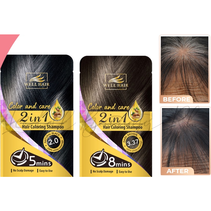 1pcs WELL HAIR COLOR AND CARE 2 IN1 HAIR COLORING SHAMPOO ( DARK BROWN ...