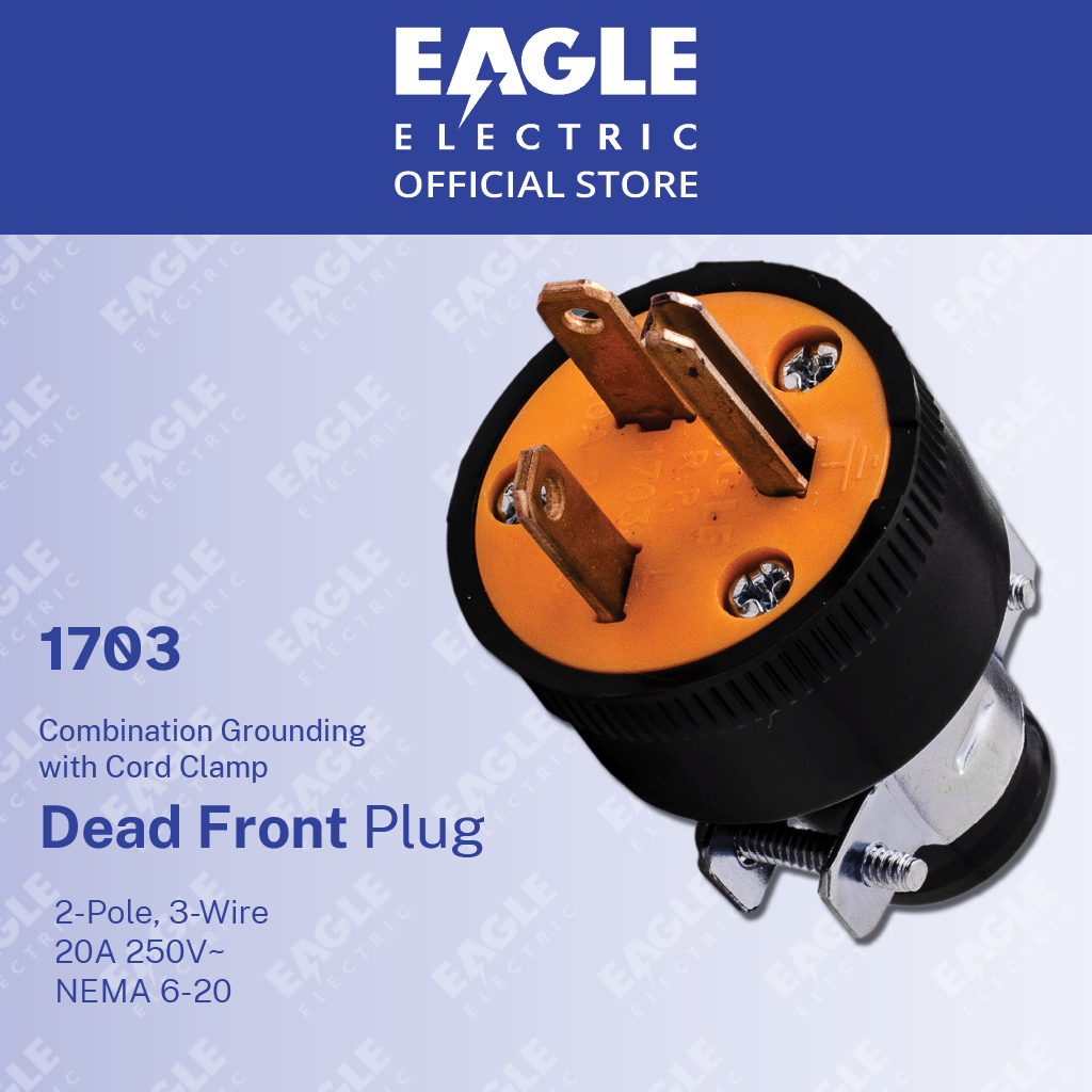 EAGLE 1703 Combination Grounding Dead Front Plug with Cord Clamp 2P 3W 20A 250V~ NEMA 6-20 EEPH ...