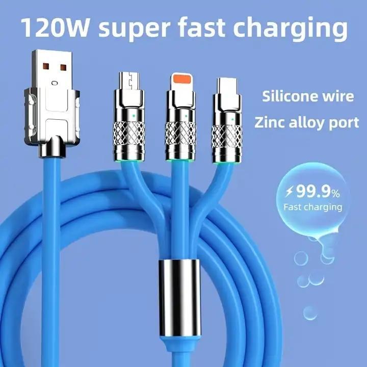 3 in 1 Fast Cable 120W USB Charging Cord Liquid Silicone Universal ...