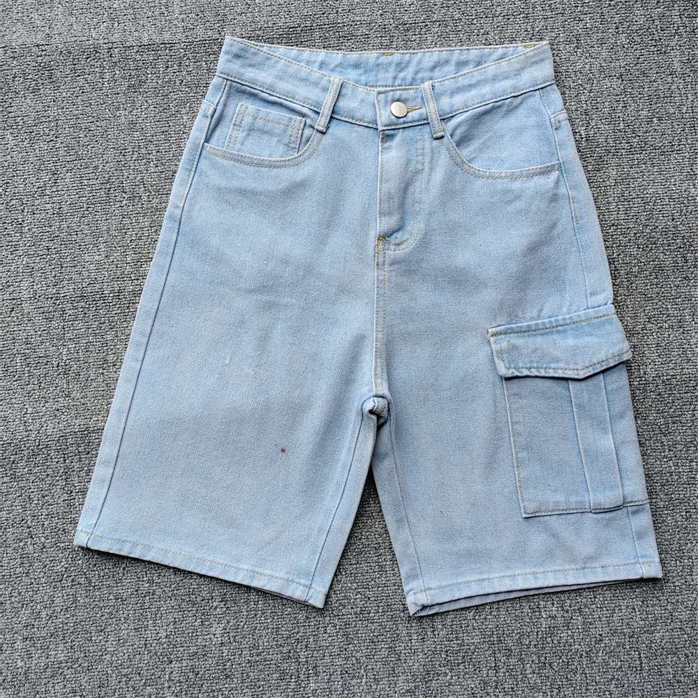 Multi-Pocket Five-Point Denim Shorts High-Waist Cargo Midi Shorts ...