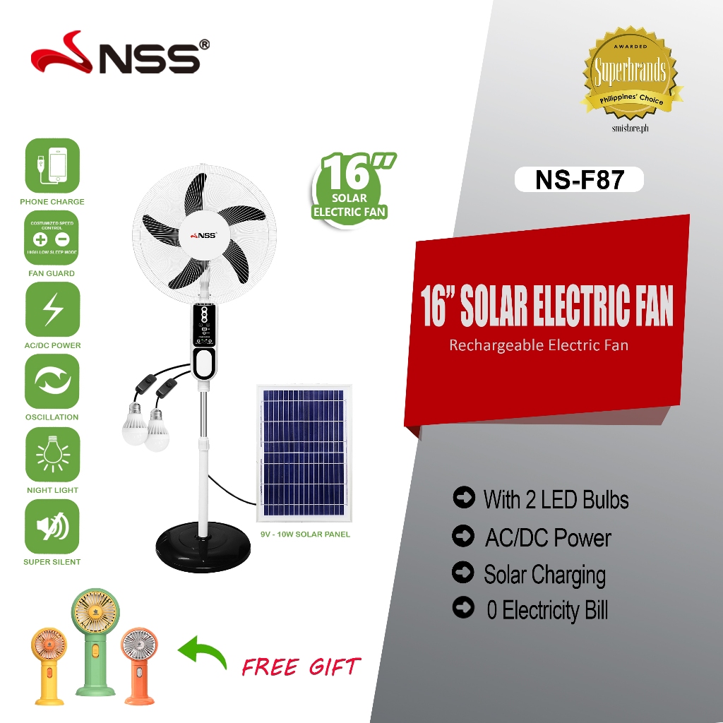 NSS Solar Rechargeable 16'' Electric Fan With Panel LED Light AC/DC ...