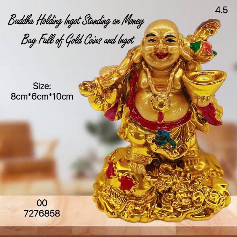 Fengshui Money Buddha Holding Ingot Standing on Money Bag Full of Gold ...